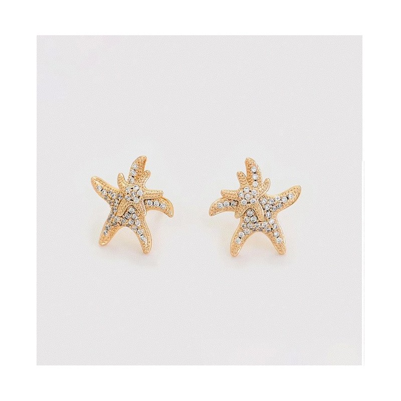 Aretes Broquel Estrella de Mar Cristales Oro 18K Laminado Dorado