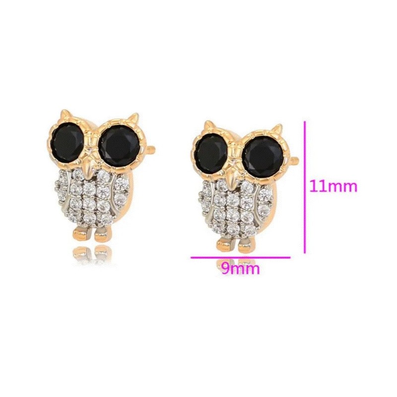 Aretes Broquel Buho Onix y Cristales Niña Adulto Oro Laminado Dorado